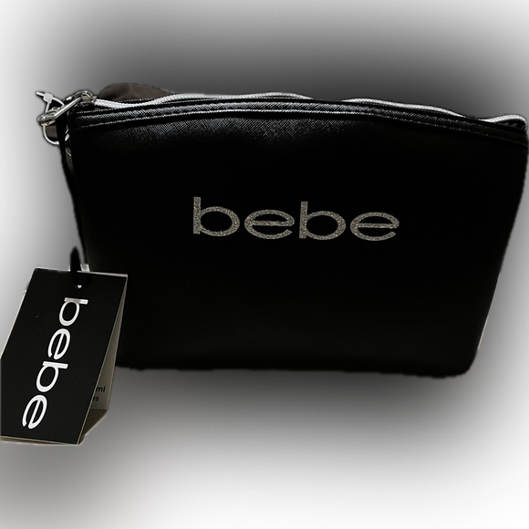 bebe | Bags | Bebe Black Faux Leather Cosmetic Bagpouch Silvertone ...